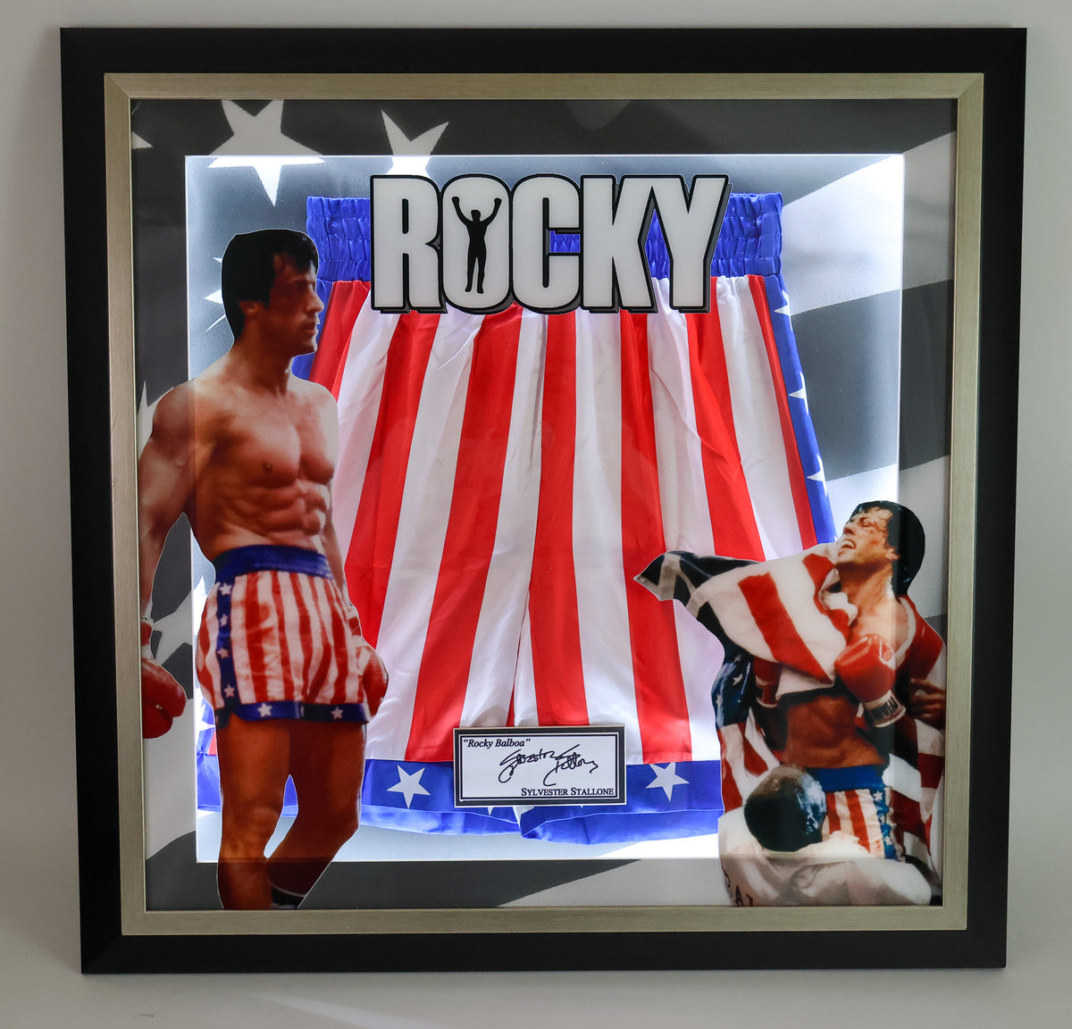 Rocky Balboa Boxing Trunks Signed by Sylvester Stallone - LED Shadowbox ...